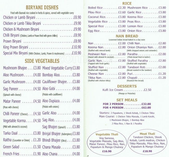 Menu at Taj Mahal fast food, Hayes, 4 Willow Tree Ln