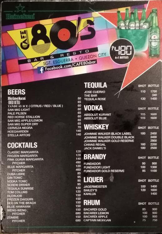 Menu at Cafe 80's Bar & Resto, Quezon City, 42 E. Lopez Cor