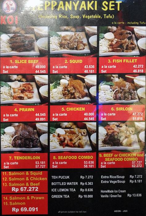 Menu at Koi Teppanyaki restaurant, Central Jakarta, Plaza Senayan Lt. 3 ...