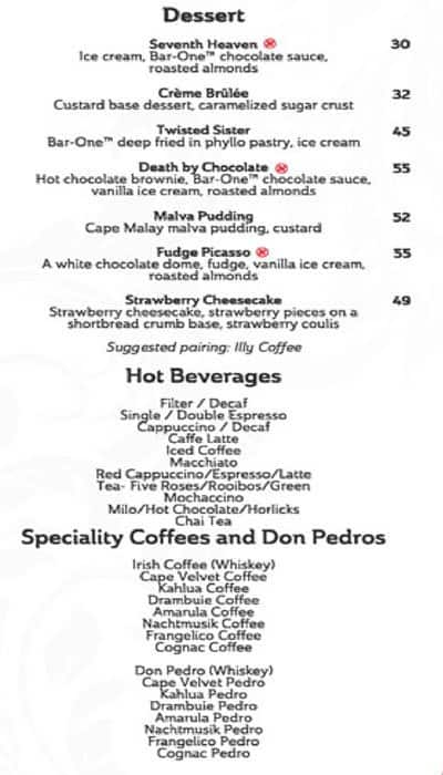 Menu at Rhapsody's-Sunnyside restaurant, Pretoria, Shop L2-33 Sunnypark ...