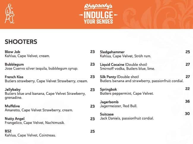 Menu at Rhapsody's-Sunnyside restaurant, Pretoria, Shop L2-33 Sunnypark ...