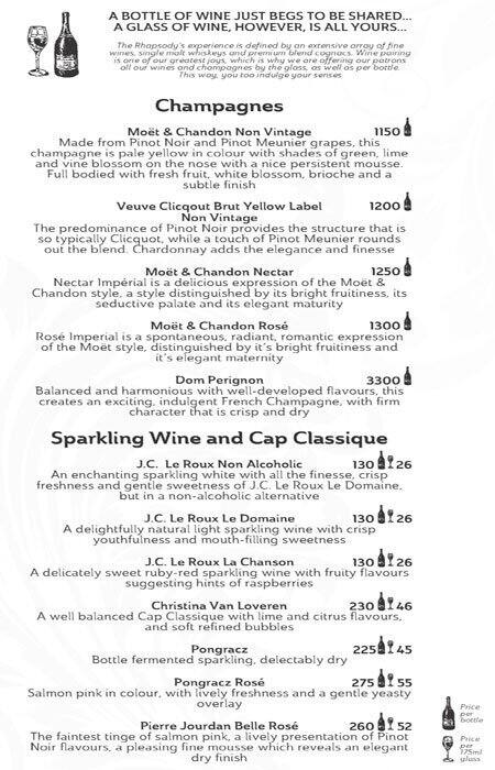 Menu at Rhapsody's-Sunnyside restaurant, Pretoria, Shop L2-33 Sunnypark ...