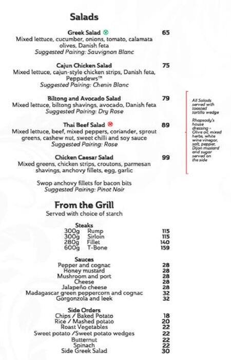 Menu at Rhapsody's-Sunnyside restaurant, Pretoria, Shop L2-33 Sunnypark ...