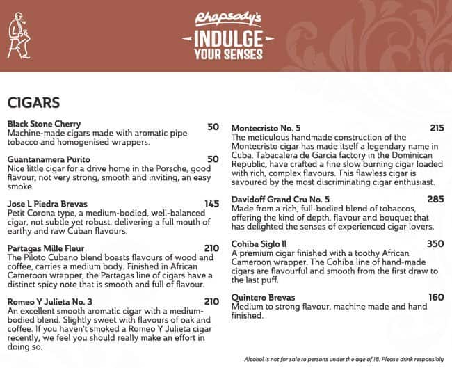 Menu at Rhapsody's-Sunnyside restaurant, Pretoria, Shop L2-33 Sunnypark Mall