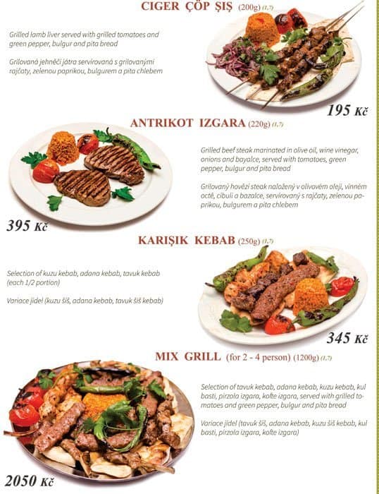 Menu at Mangal Restaurant, Prague