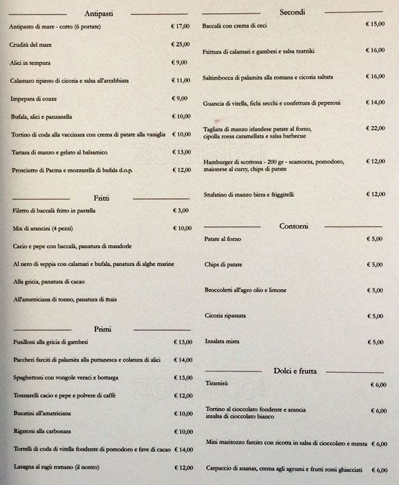 Menu da Vattani Elegant Italian Restaurant & Cocktail Bar, Roma