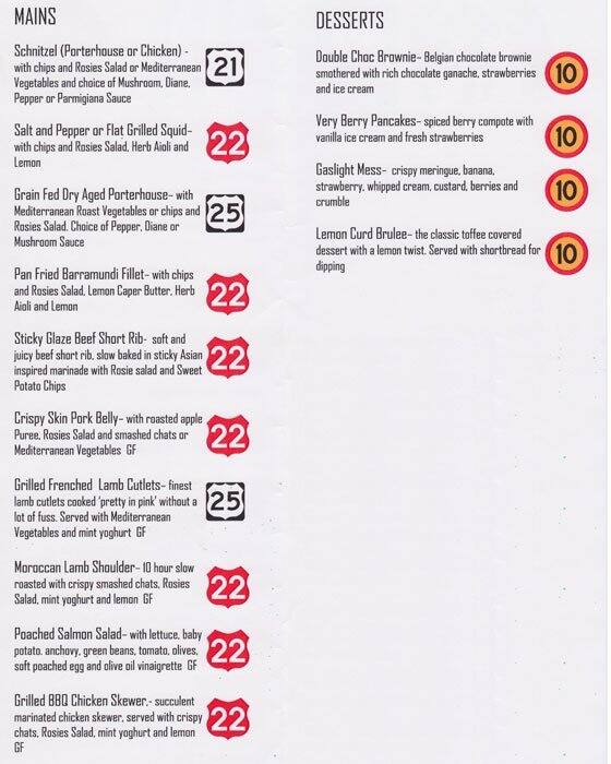 Menu at Gaslight Tavern restaurant, Brompton