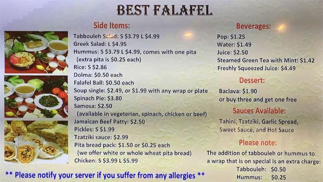 Menu at Best Falafel Commercial Drive restaurant, Vancouver, Commercial Dr