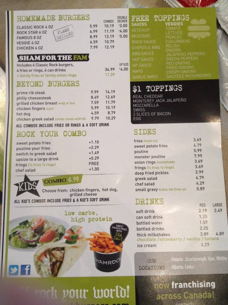 Menu at Shamrock Burgers restaurant, Leduc