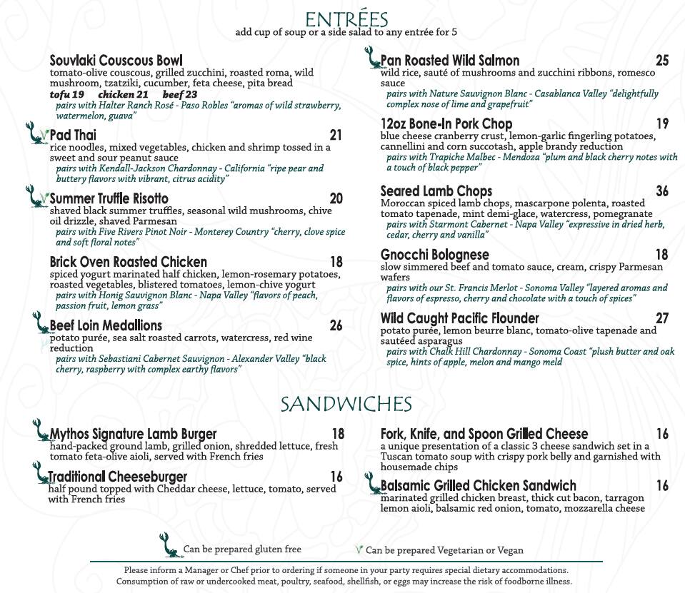 Menu at Mythos Restaurant, Orlando