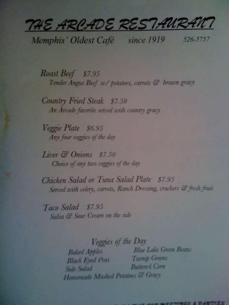Menu at The Arcade Restaurant, Memphis