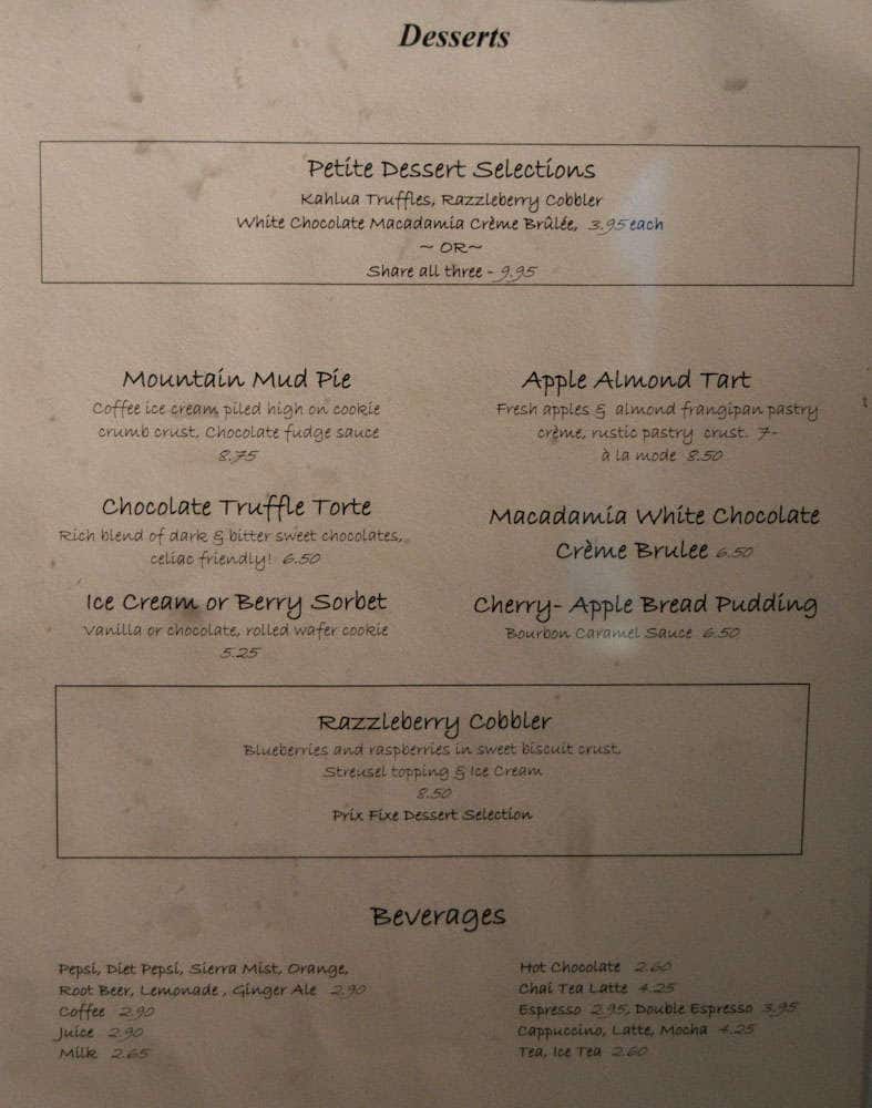 Menu at Mountain Room Restaurant, Yosemite Valley, Southside Dr ...