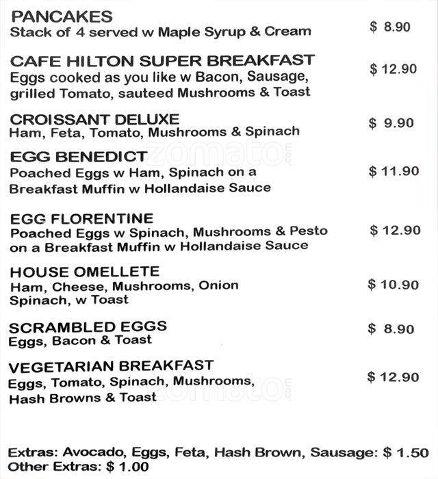 Menu at Cafe Hilton, Hilton, 1/160 Sir Donald Bradman Dr