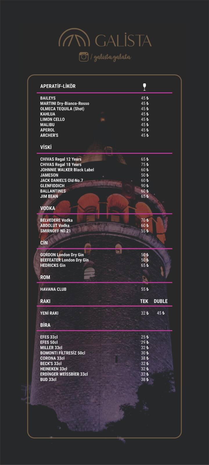 Menu at Galista Restaurant Bar, Istanbul