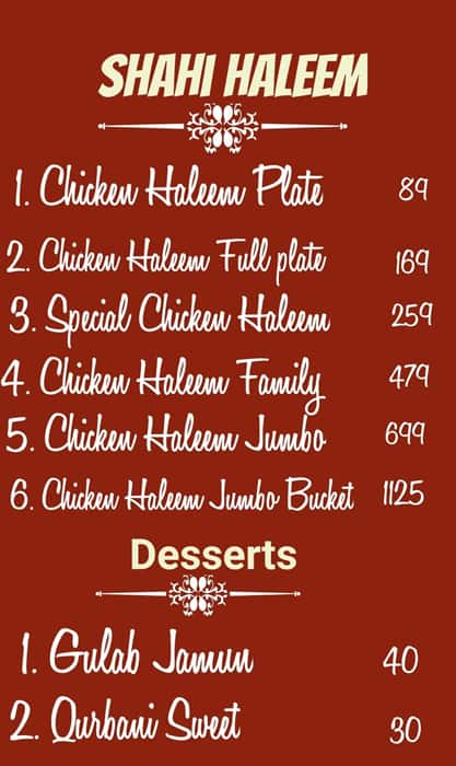 Menu at SHAHI MANDI, Hyderabad