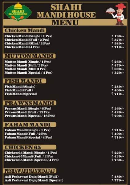 Menu at SHAHI MANDI, Hyderabad