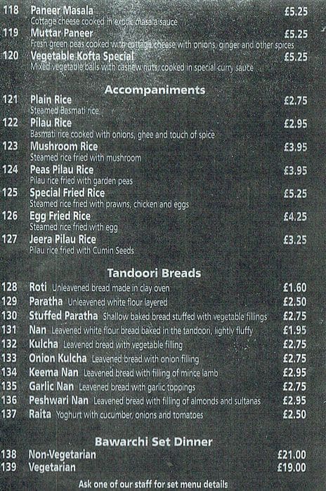 Menu at Bawarchi restaurant, London, 102 Uxbridge Road