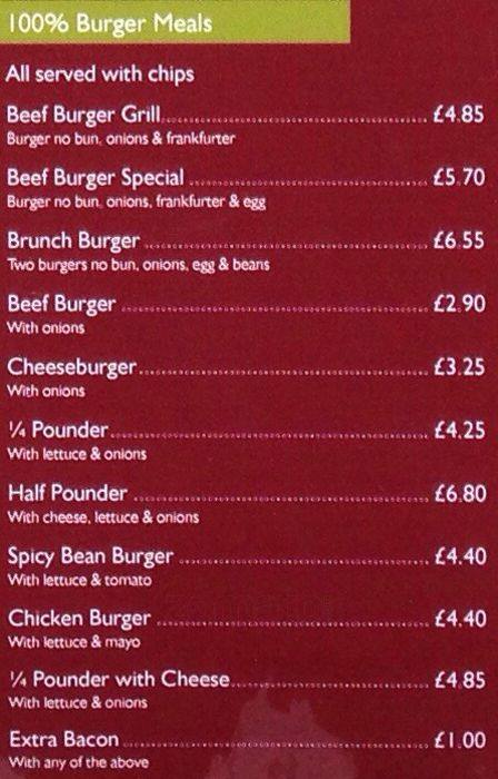 Menu at Kaz's Kitchen cafe, London, 12 Sidcup High Street