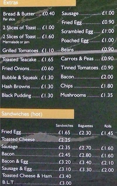 Menu at Kaz's Kitchen cafe, London, 12 Sidcup High Street