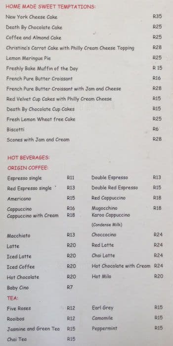 Menu at Taste cafe, Stellenbosch