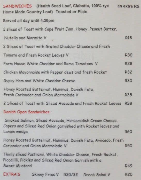 Menu at Taste cafe, Stellenbosch