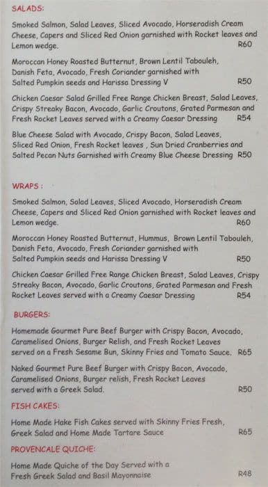 Menu at Taste cafe, Stellenbosch
