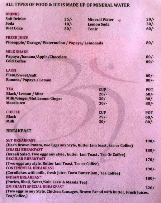 Om Shanti Menu, Menu for Om Shanti, Palolem, Goa - Zomato