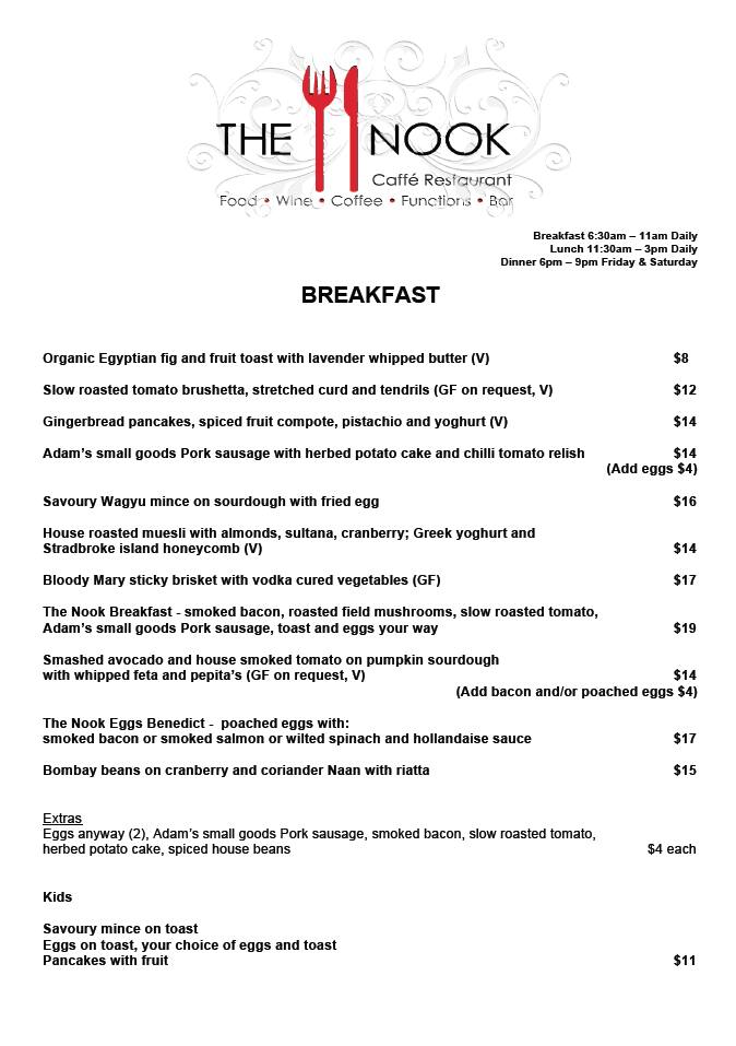 Menu at The Nook Caffe Restaurant, Jindalee