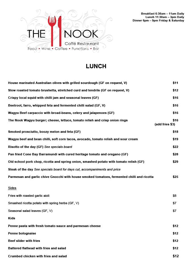 Menu at The Nook Caffe Restaurant, Jindalee