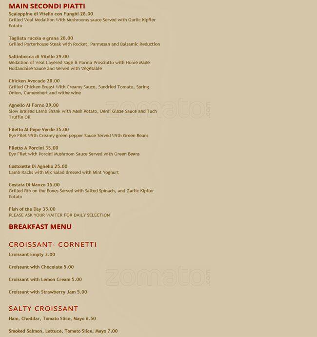 Carta de Monza Restaurant, Ascot