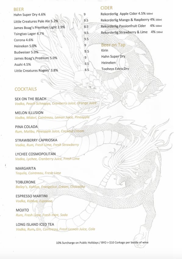 Menu at Dragon Palace restaurant, Northbridge, 66 Francis St