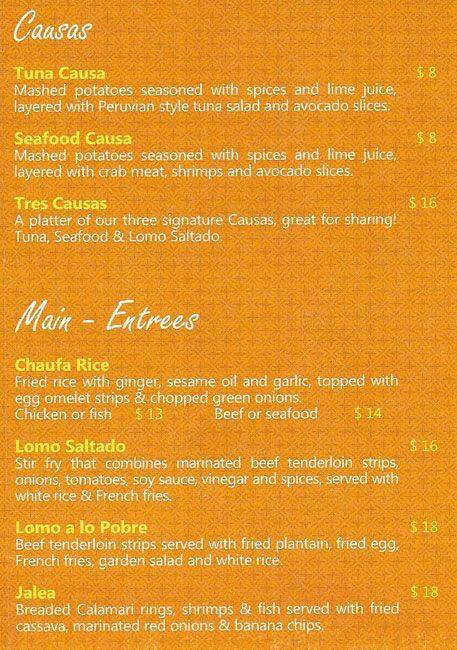 Menu at Petit Peru restaurant, Ottawa, 792 Somerset St. West