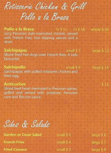 Menu at Petit Peru restaurant, Ottawa, 792 Somerset St. West