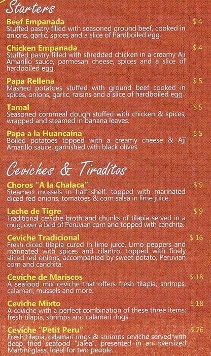 Menu at Petit Peru restaurant, Ottawa, 792 Somerset St. West