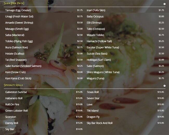 Menu at Sky Bar, Galveston