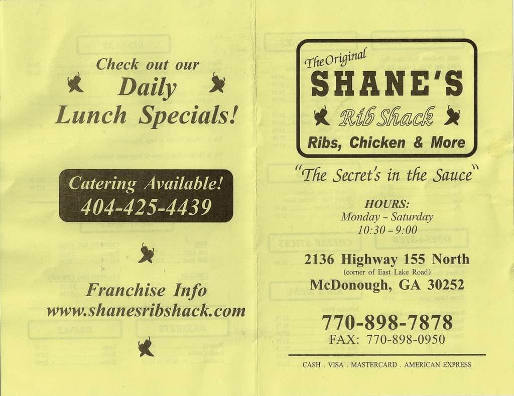 Shane's Rib Shack Menu, Menu for Shane's Rib Shack, McDonough, Atlanta ...