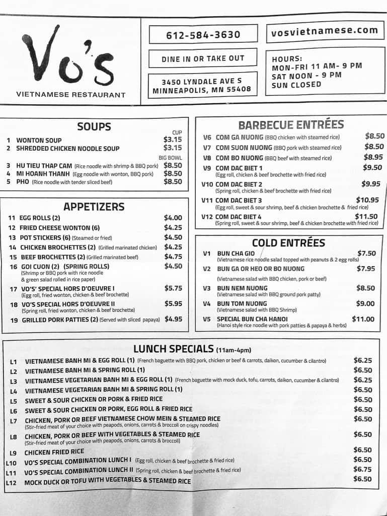 Menu at Vo's Vietnamese Restaurant, Minneapolis