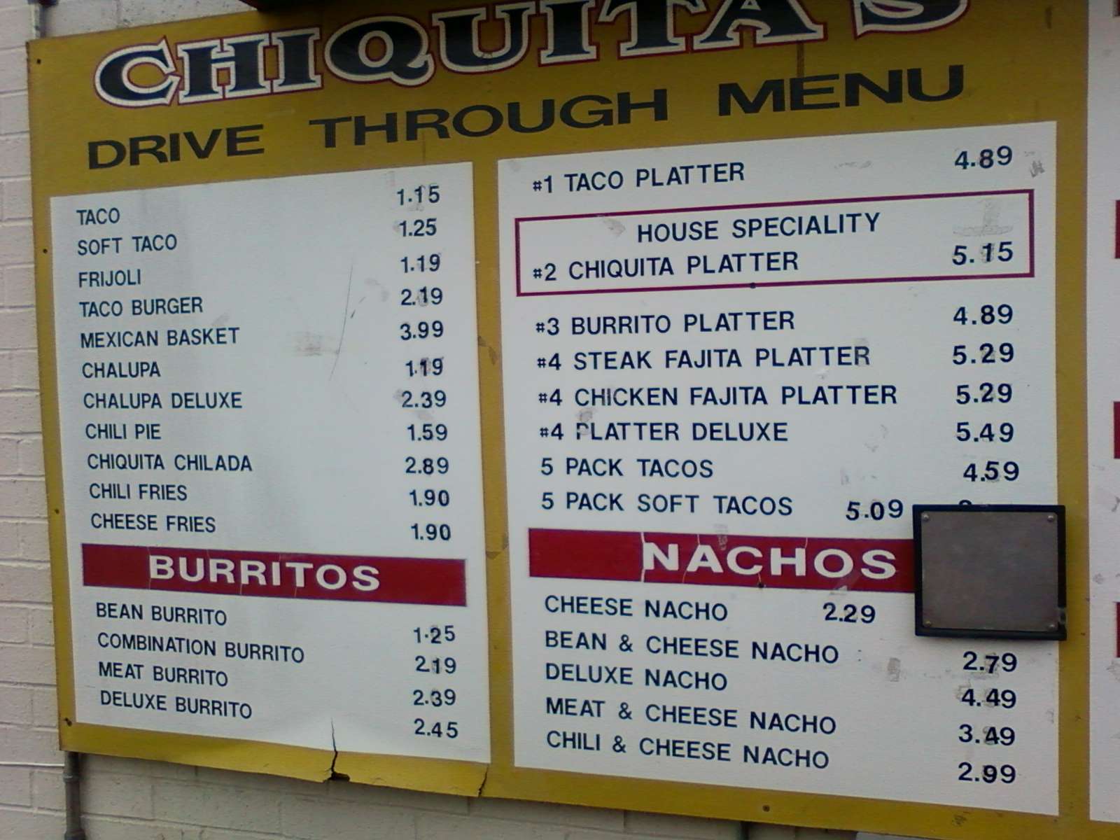 Menu at Chiquita's restaurant, Mena, 703 U. S. Hwy 71