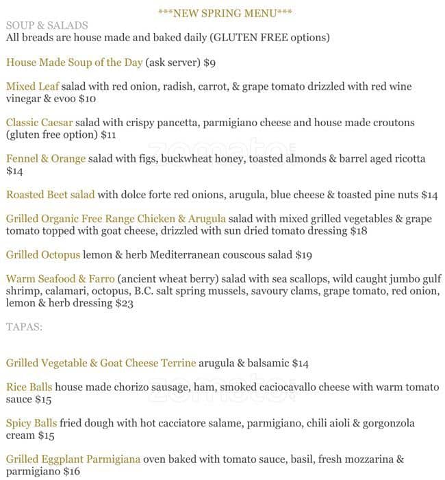 Menu at A Tavola Bistro restaurant, Whitby