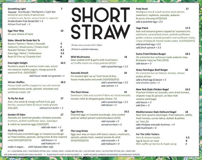 Menu at Short Straw cafe, Hawthorn