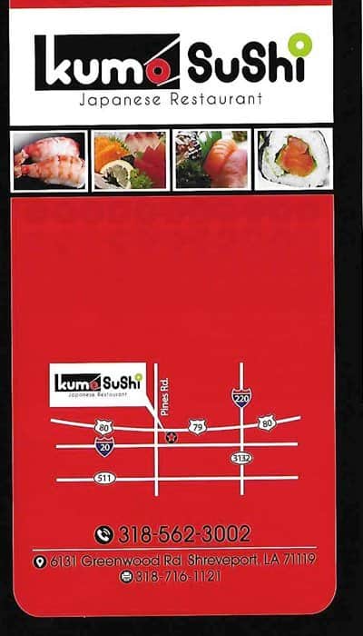 Menu at Kumo sushi restaurant, Shreveport