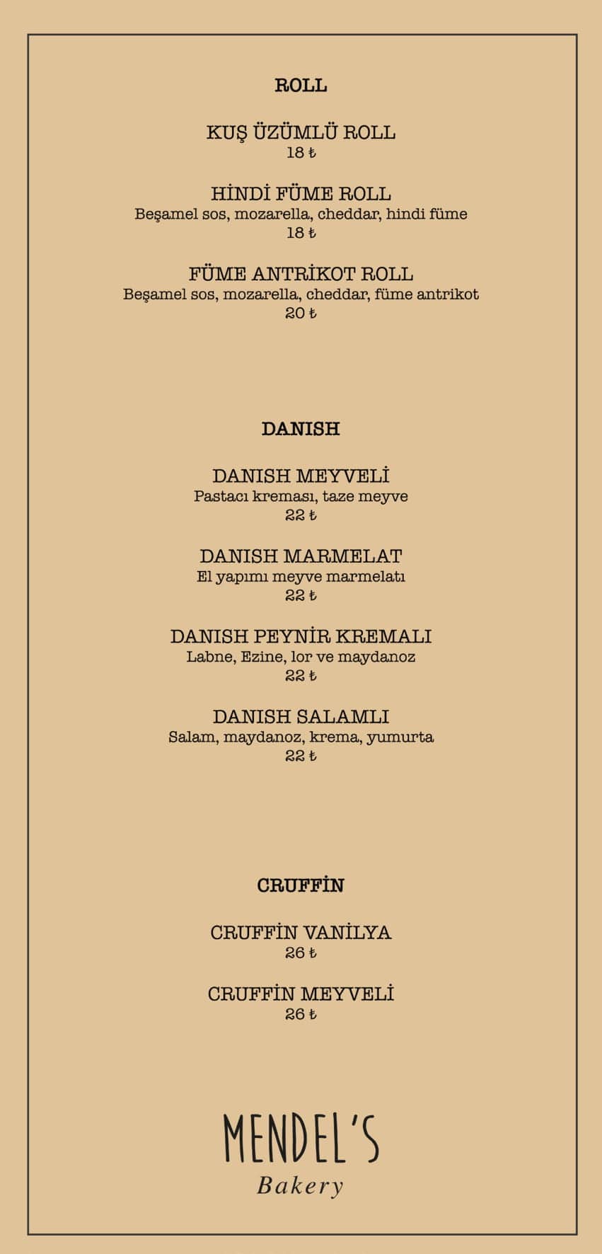 Menu at Mendel's Bakery, Istanbul