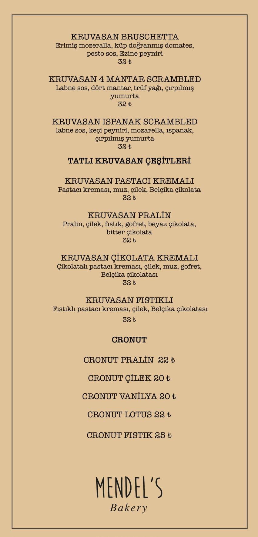 Menu at Mendel's Bakery, Istanbul