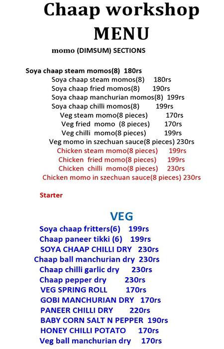 Menu of Chaap Workshop, Bellandur, Bangalore