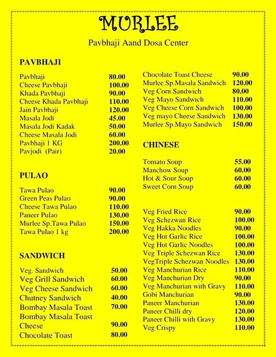 Menu of Murlee Pav Bhaji And Dosa Center, Kothrud, Pune