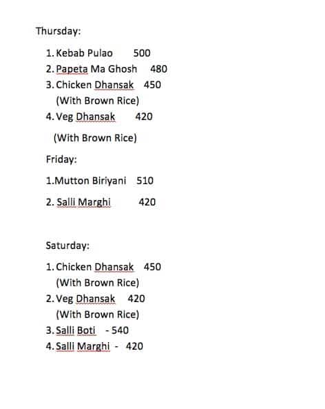 Menu at Colaba's Paradise, Mumbai