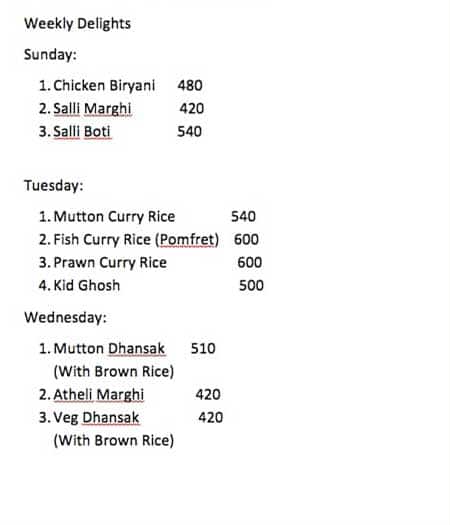 Menu at Colaba's Paradise, Mumbai