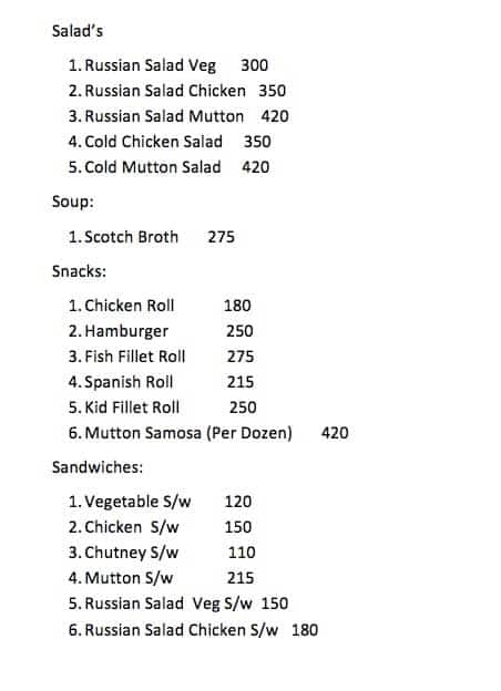 Menu at Colaba's Paradise, Mumbai