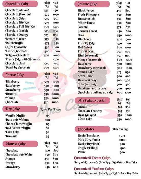 Menu of Mrs Cakes, Borivali West, Mumbai