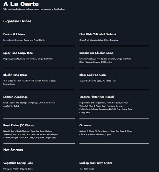 Menu of Buddha Bar - Grosvenor House, Dubai Marina, Dubai